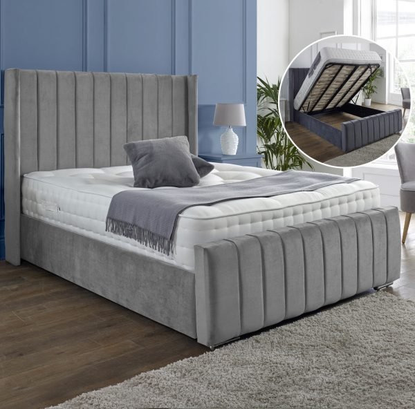 Elisa Ottoman Panel Wing Plush Velvet Upholstered Storage Bed Frame ...